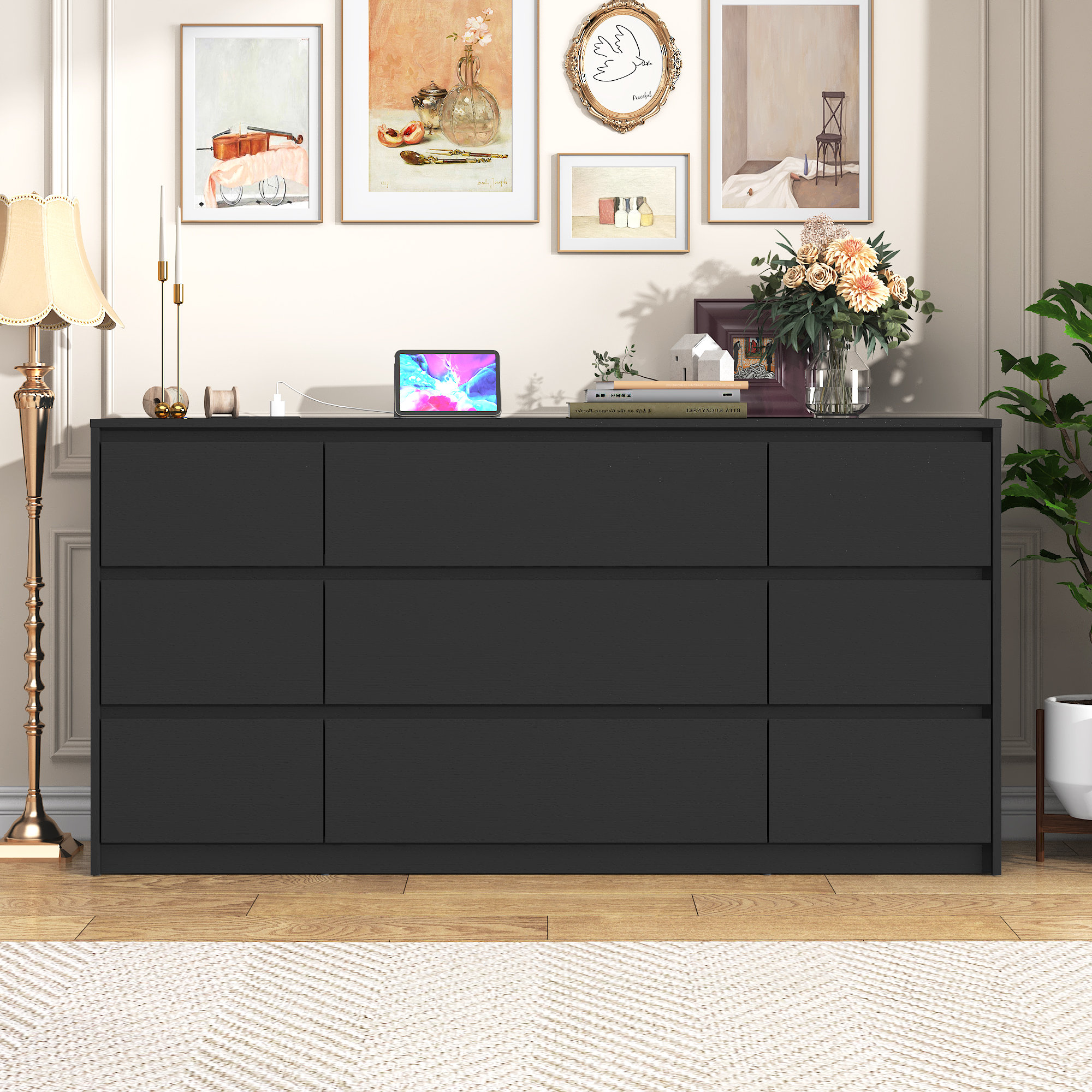 Ebern Designs 9 - Drawer 63.1" Dresser With 2 Sockets, 2 USB Ports And 1 Fast-Charging Type-C ...